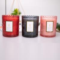 China Smokeless Soy Wax Scented Candle Romantic Handmade Gift With Lace Relief Glass Cup for sale