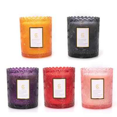 China Smokeless Soy Wax Scented Candle Romantic Handmade Gift With Lace Relief Glass Cup for sale