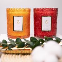 China Smokeless Soy Wax Scented Candle Romantic Handmade Gift With Lace Relief Glass Cup for sale