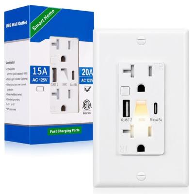 China Wall Mounted Night Light USB Outlet 20A 125V with 2700K Warm White Lighting and Tamper-Resistant Design for sale