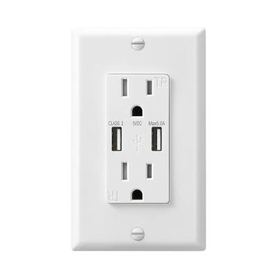 China Tamper Resistant Fast Charging USB Socket Wall Outlet 15A 120V with Dual 5V/5A Ports for sale