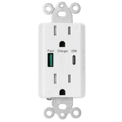 China QC3.0 PD3.0 Fast Charging USB Wall Outlet 125V AC 15A with Dual USB-C and Type-A Ports 20W Output for sale