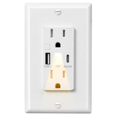 China Tamper Resistant USB Type C Receptacle 15A with 0.2W Night Light - 125V AC Wall Outlet for sale