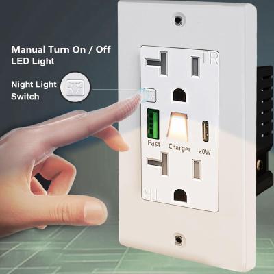China 20A 125V Double Switched Socket with USB-C PD3.0 20W and QC3.0 18W Fast Charging Ports for sale