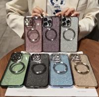 China New Luxury Transparent Flash Powder Magnetic Mobile Phone Case Lens Protection For IPhone 11 12 13 14 15 PRO Max With Wireless Charging for sale