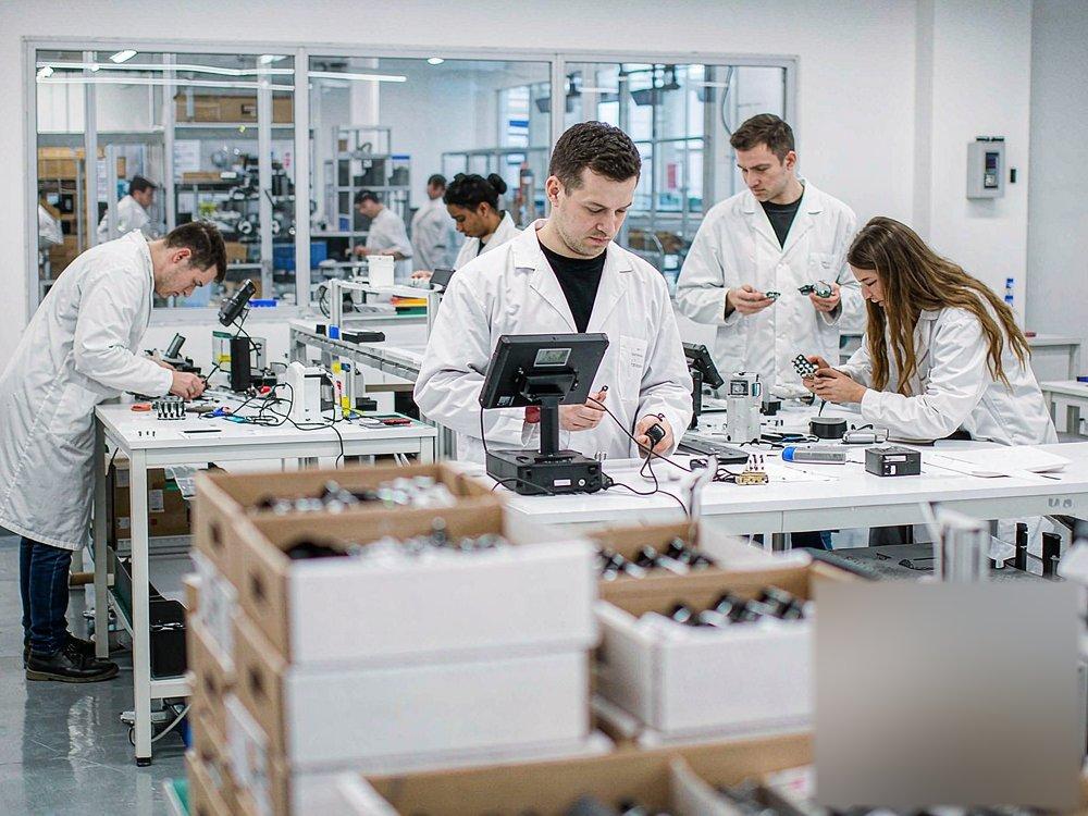 YOUTONG engineers calibrating thermometer hygrometer devices on the production line
