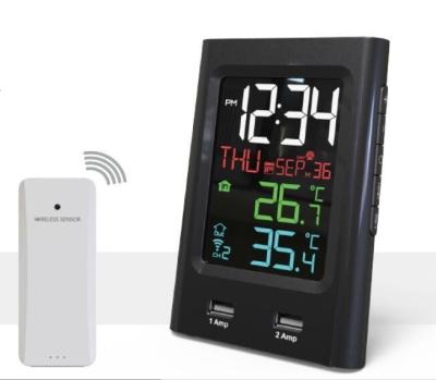 China Dual USB Charging Clock Thermometer Hygrometer with 2.1A Output and 13.4cm Display for Indoor Outdoor Temperature Monitoring for sale