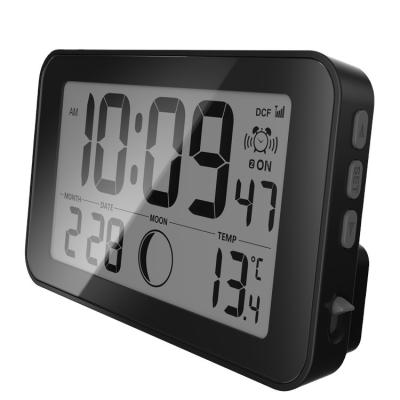 China Customized Thin LCD Moon Phase Desktop Digital Alarm Clock with RCC Time Zone 14.2cm for sale