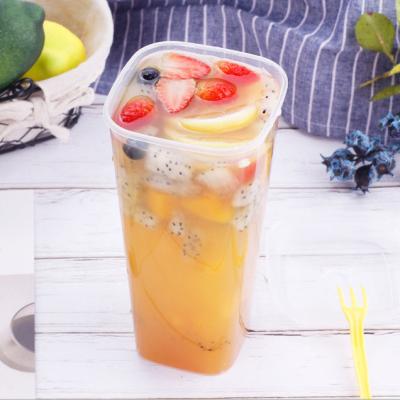 China Bubble Tea Plastic Cup With Lid And Fork Square Cup Disposable For Fruit Tea 960ml Boba Drinking Cups for sale