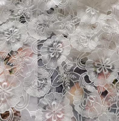 China Elegant White Organz-a  Mesh Lace Fabric High Quality Embroidery Flowers Lace Fabric Tirm for Wedding Dresses for sale
