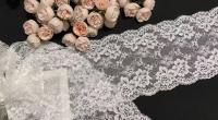 China A1Z011 16.5cm Wide Fancy French Double Wave Floral Elastic Stretch Lace Fabric Rhinestones for Lingerie Wedding Dresses for sale