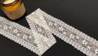 China French Lace Sequin Glitter Trim 5cm Width Woven with Gold Metallic Star Threads Double Scalloped Mesh Border Lightweight Soft for sale