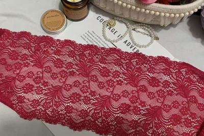 China A1Z021 Burgundy Floral Stretch Lace Trim, Double Scalloped Vintage Nylon/Spandex Lace Ribbon for Lingerie Wedding Dress Nightgown Decoration for sale