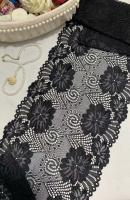 China A1Z022 Black Big Floral Stretch Lace Trim, 23.5CM Double Scalloped Hollow Out Elastic Lace Ribbon For Lingerie Dress Sleepwear Decoration for sale