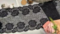China A1Z022 Black Big Floral Stretch Lace Trim, 23.5CM Double Scalloped Hollow Out Elastic Lace Ribbon For Lingerie Dress Sleepwear Decoration for sale
