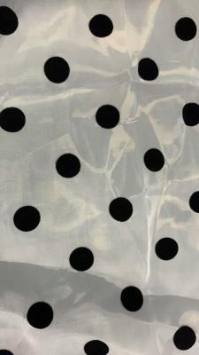 China Luxury 100% Polyester Organza Lace Fabric with Black Polka Flocking Dot Print for Home Decor & Clothing for sale