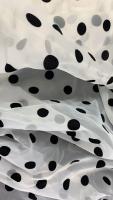 China Luxury 100% Polyester Organza Lace Fabric with Black Polka Flocking Dot Print for Home Decor & Clothing for sale