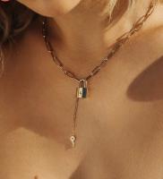 China Love Token Key Lock Necklace K Gold Stainless Steel Long Rhinestone Necklace for sale