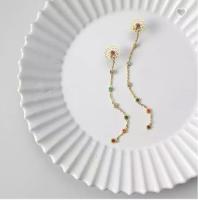 China 6cm Girls Stainless Steel Gold Earrings Long Dangle Colored Rhinestone Earrings for sale