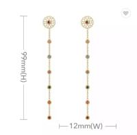 China 6cm Girls Stainless Steel Gold Earrings Long Dangle Colored Rhinestone Earrings for sale