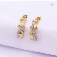 China Gold Stainless Steel Jewelry Set X Shaped Rhinestone Stud Earrings And Necklace Set for sale