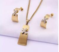 China CE Stainless Steel Designer Jewelry X Rhinestone Inlaid Pendant Necklace Earrings Set for sale