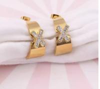 China CE Stainless Steel Designer Jewelry X Rhinestone Inlaid Pendant Necklace Earrings Set for sale