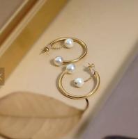 China 18K Gold Plated Earrings Stainless Steel Jewelry C Shape Chain Pearl For Party for sale