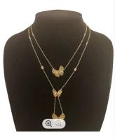 China 18K Gold Plated Stainless Steel Jewelry Double Chain Pink Zircon Butterfly Pendant Accessories Necklaces for sale