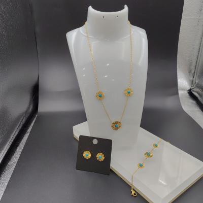 China Newest Gold Color Stainless Steel  Earring ,Necklace , Bracelet Sets With Green Stone For Lady for sale