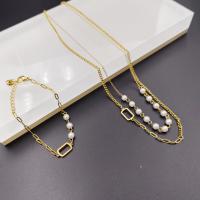 China New Arrival Trendy Pearl Double Lines  Newest Gold Color Stainless Steel  Earring ,Necklace , Bracelet Sets  For Lady for sale