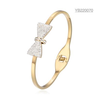 China Premium Full Rhinestone Bow Bangle 14k Gold Stainless Steel Snap Button Bracelets for sale