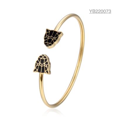 China 18k Gold Stainless Steel Open Bangle Bracelet Black Leopard Enamel Bangles for sale