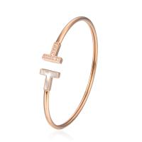 China Double T Inlaid Rhinestone Stainless Steel Bangle Mens Open Cuff Bracelet for sale