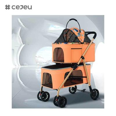China Four-Wheel Lightweight Double-Layer Pet Stroller 5.5in EVA Wheels Foldable Shock Absorbing Aluminum Alloy Frame for sale