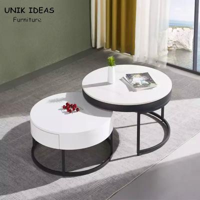 China Vintage White Marble Top Coffee Table 80x80x42cm with Drawer Storage Black Steel Base for sale