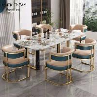 China Light Luxury Leather Dining Table and Chairs Set Iron Gilded Legs Custom Color OEM for sale