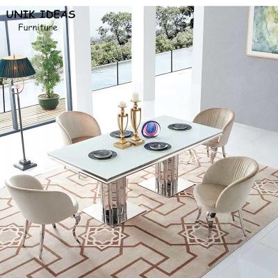 China Modern Luxury Glass Dining Table Set with 6 Chairs Chrome Metal Legs Stainless Steel for sale