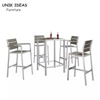China 7 Piece Bistro Bar Table and Stools Set Aluminum Frame Wood Surface 200x100x76 cm for sale