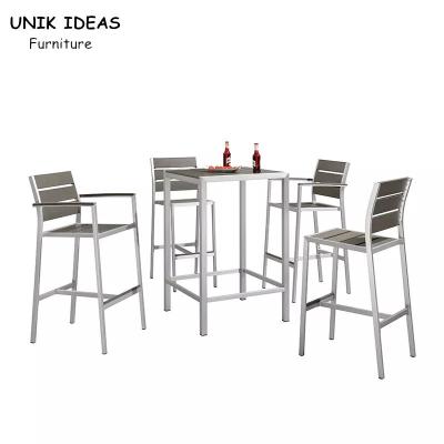 China 7 Piece Bistro Bar Table and Stools Set Aluminum Frame Wood Surface 200x100x76 cm for sale