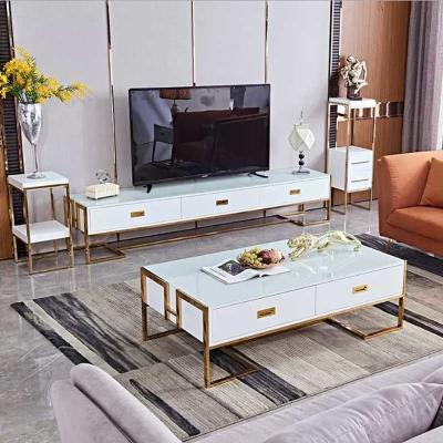 China Modern Luxury TV Stand Center Table 1300mm with Storage Drawer Stainless Steel Base for sale