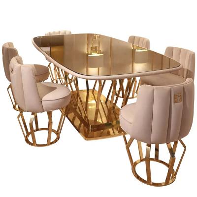 China Luxury Golden Stainless Steel Dining Table Set 200x100cm Marble Top for sale