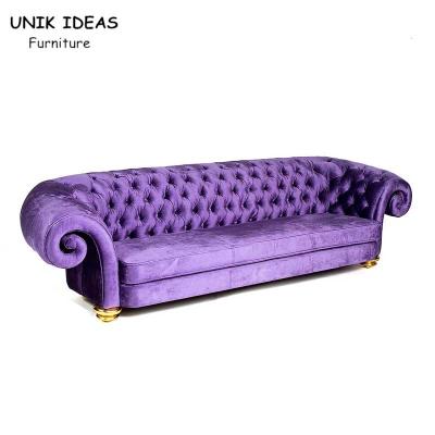 China Purple Velvet 3 Seats Button Tufted Club Lounge Sofa Wood Frame Custom Size for sale