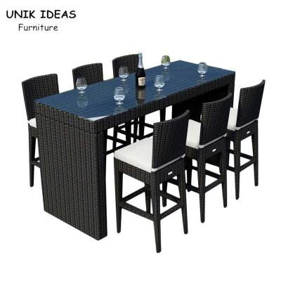 China Outdoor Bistro Bar Table and Chair Set PE Rattan Rectangle 78.5x29x42.75 in Aluminium Frame for sale