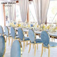 China Blue Velvet Gold Rim Banquet Chair 94x46x54cm Stainless Steel 250kg Load for sale