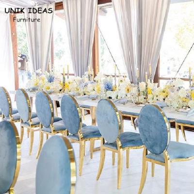 China Blue Velvet Gold Rim Banquet Chair 94x46x54cm Stainless Steel 250kg Load for sale