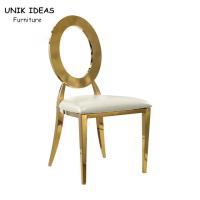 China Stainless Steel Gold Round Back Wedding Dining Chair 50x53.5x95cm White Leather Cushion for sale