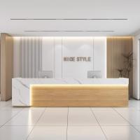 China Modern L-Shaped Wooden Front Reception Desk with Counter for Commercial Office Entrances for sale