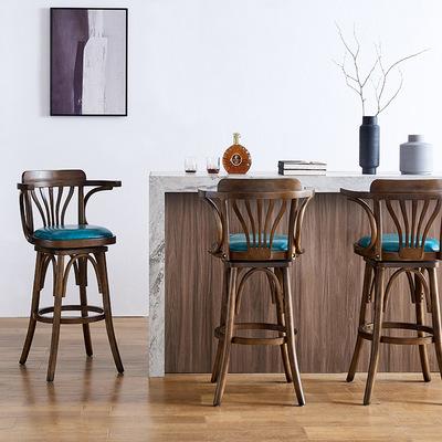 China British Style Luxury Wooden Swivel Bar Stool Solid Wood PU Leather High Bar Chair for Home Cafe Restaurant for sale