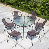 China Outdoor Patio Rattan Dining Table and Chair Set 6 Seater Metal Frame Glass Top for sale